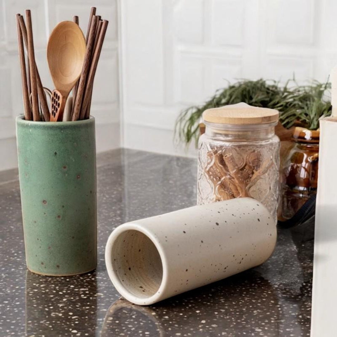 Rustic Ceramic Vase, Utensil Holder, Unique Kitchen Utensil Holder ...