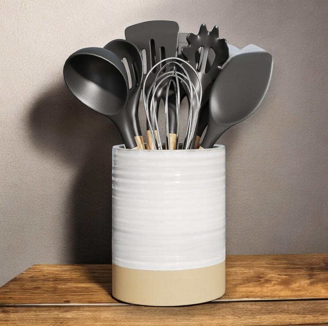 Ceramic Ribbed Vase, Utensil Crock, Ribbed Ceramic Pot, Utensil Holder ...