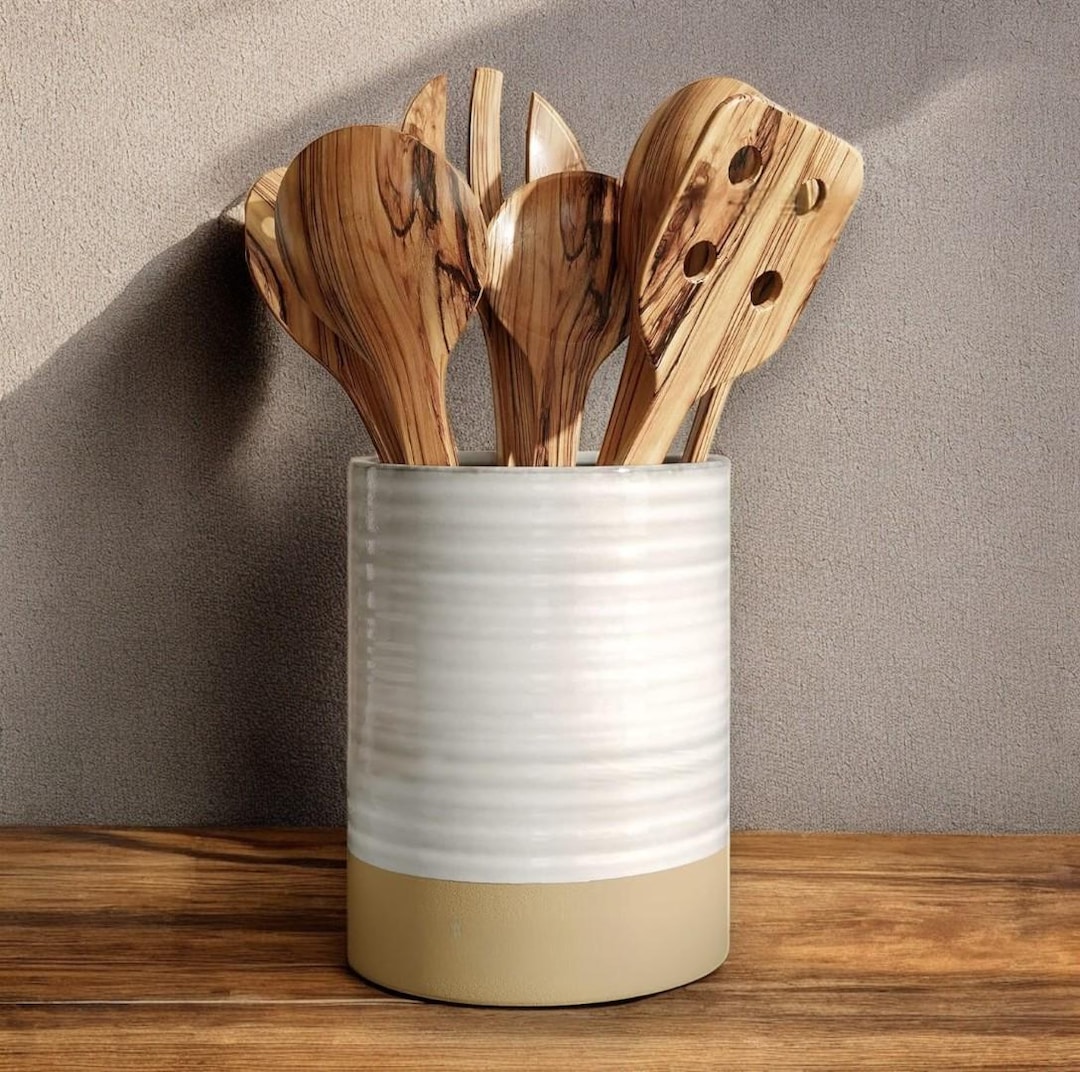Ceramic Ribbed Vase, Utensil Crock, Ribbed Ceramic Pot, Utensil Holder ...