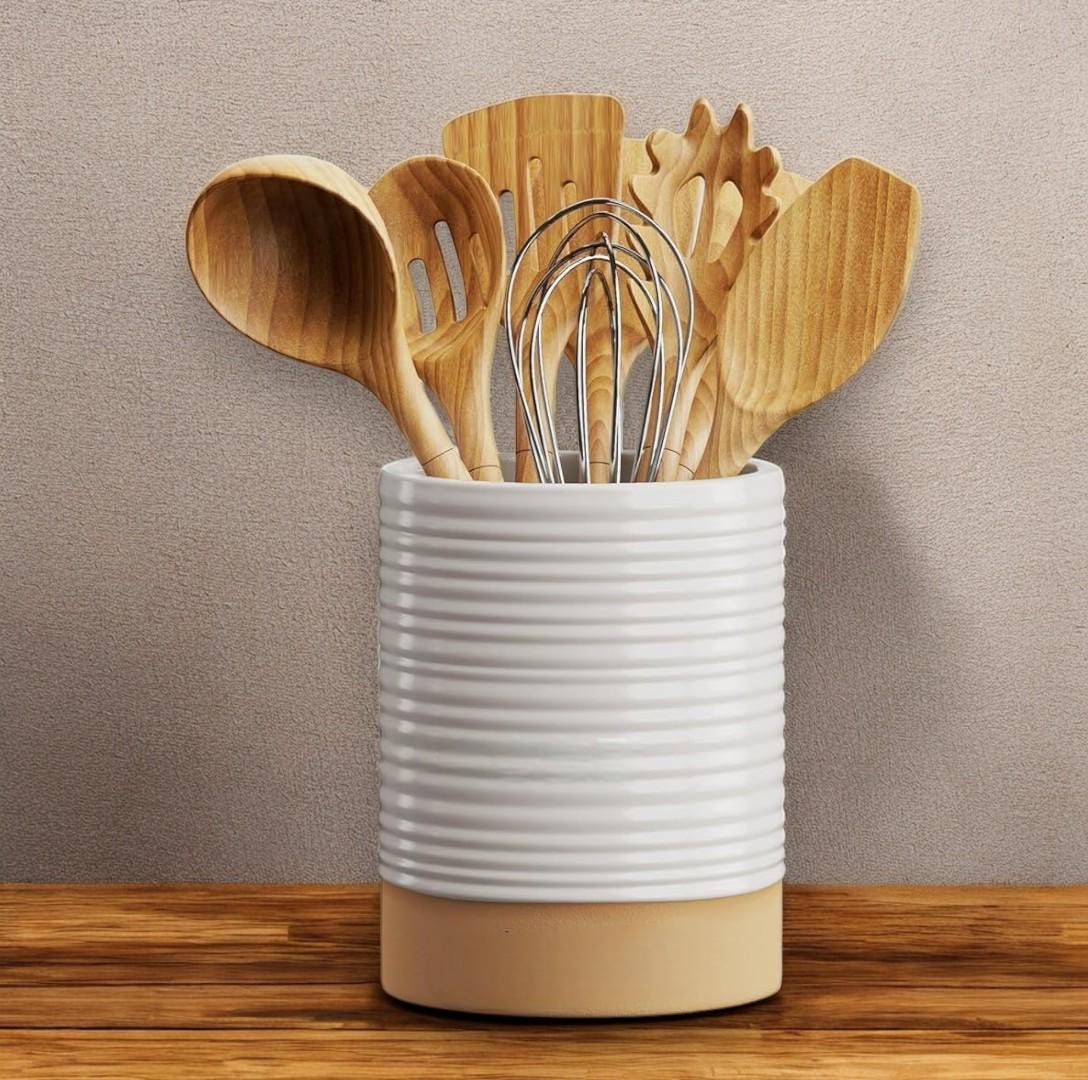 Ceramic Ribbed Vase, Utensil Crock, Ribbed Ceramic Pot, Utensil Holder ...