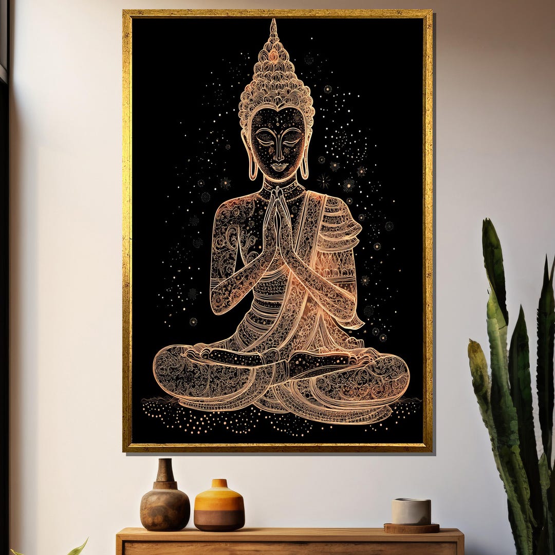 Elegant Rose Gold Buddha Wall Art, Thai Female Buddha Line Art on Black ...