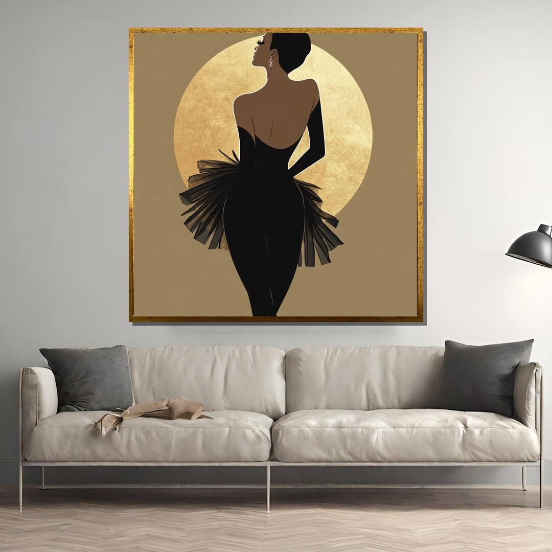 Minimalist Burlesque Woman Canvas Painting – Elegant Black Dress Art ...