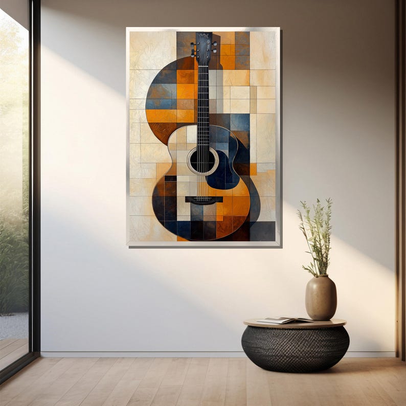 Abstract Geometric Guitar Painting – Modern Acoustic Guitar Wall Art ...