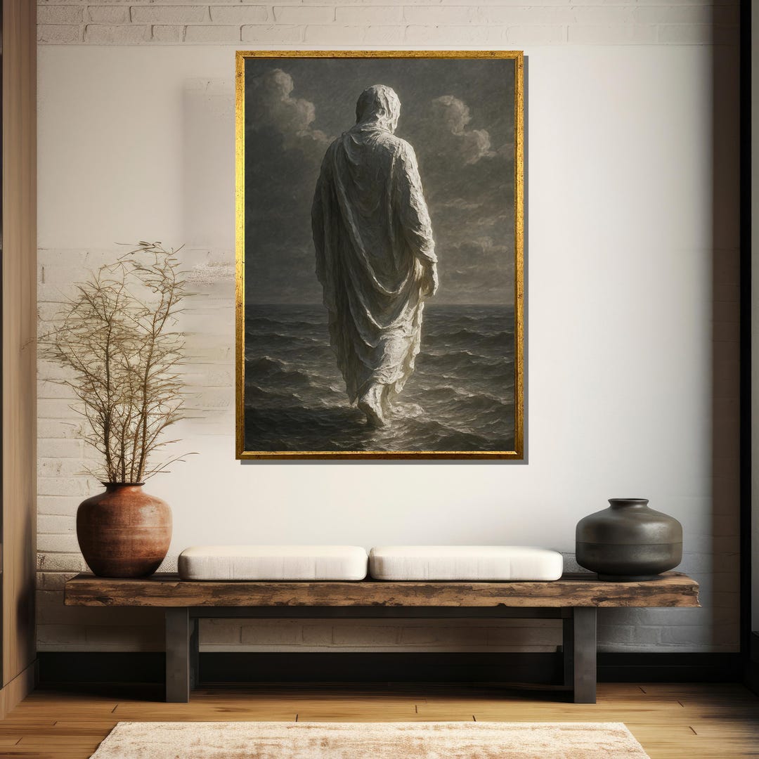 Moody Canvas Painting of Jesus in Draped Robe Walking on Dark Ocean ...