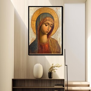 Virgin Mary Icon Canvas Painting – Byzantine Style Religious Wall Art ...
