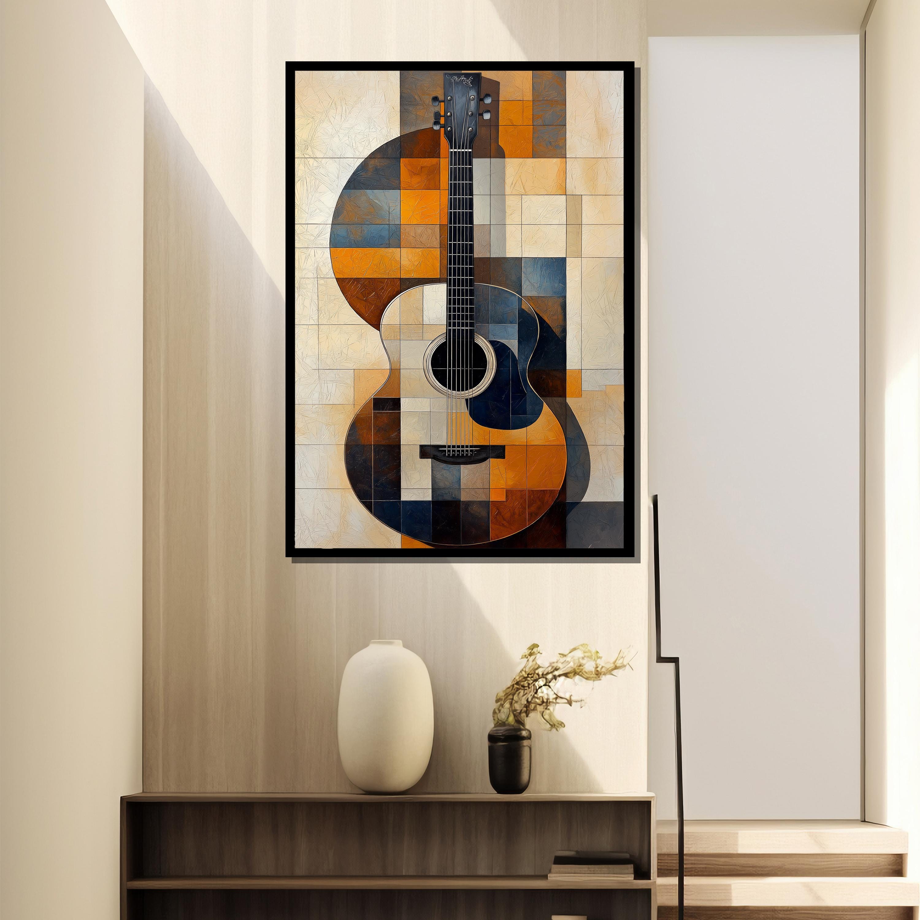 Abstract Geometric Guitar Painting – Modern Acoustic Guitar Wall Art ...