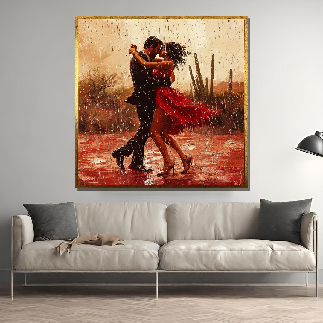 Romantic Tango Dance in Desert Rain – Passionate Couple Wall Art, Red ...