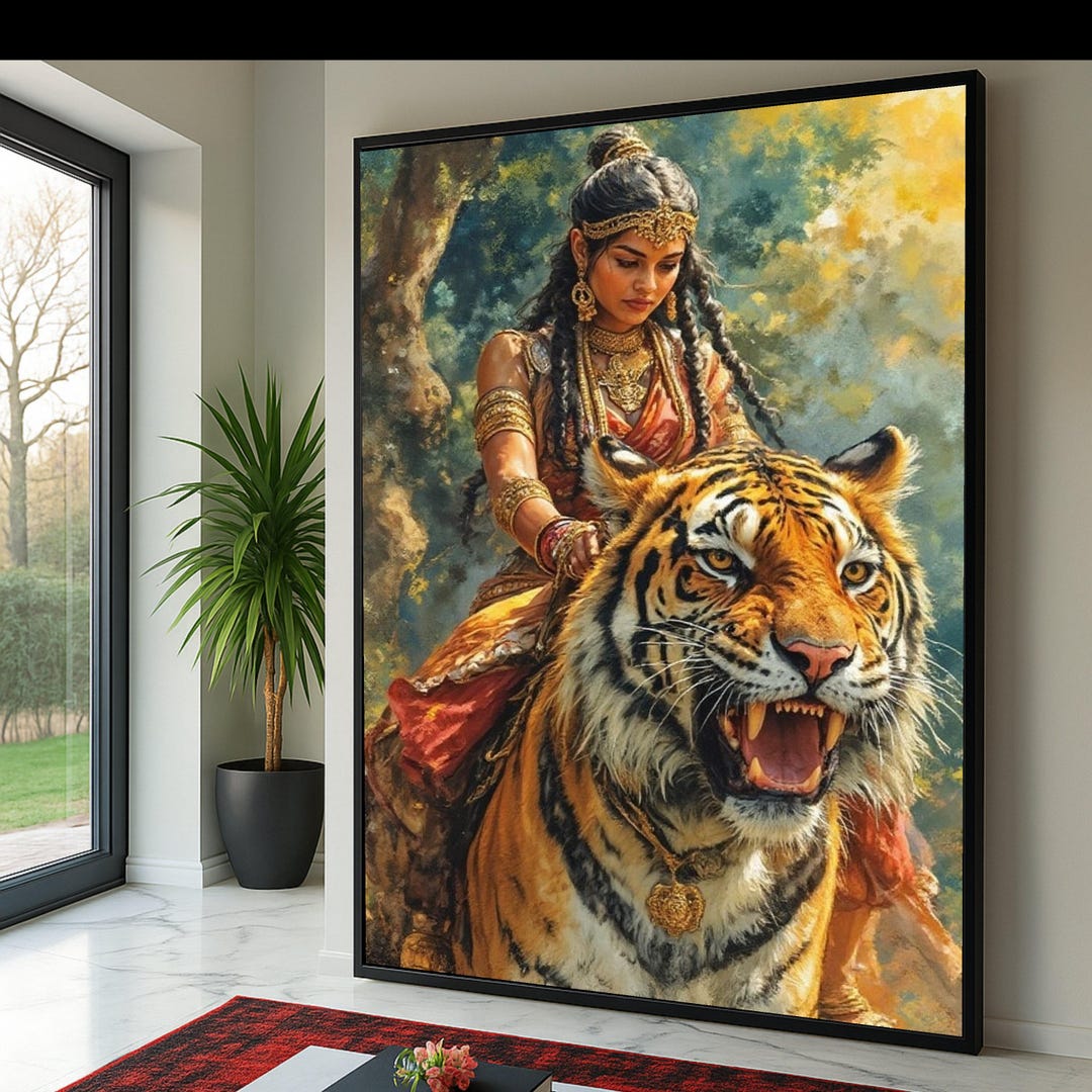 Majestic Woman With Tiger Canvas, Exotic Wildlife Art, Royal Indian ...