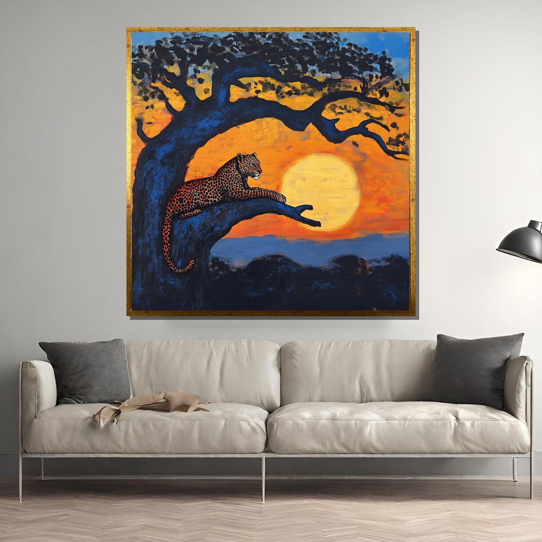Leopard in Baobab Tree Painting, African Sunset Wall Art, Wild Animal ...