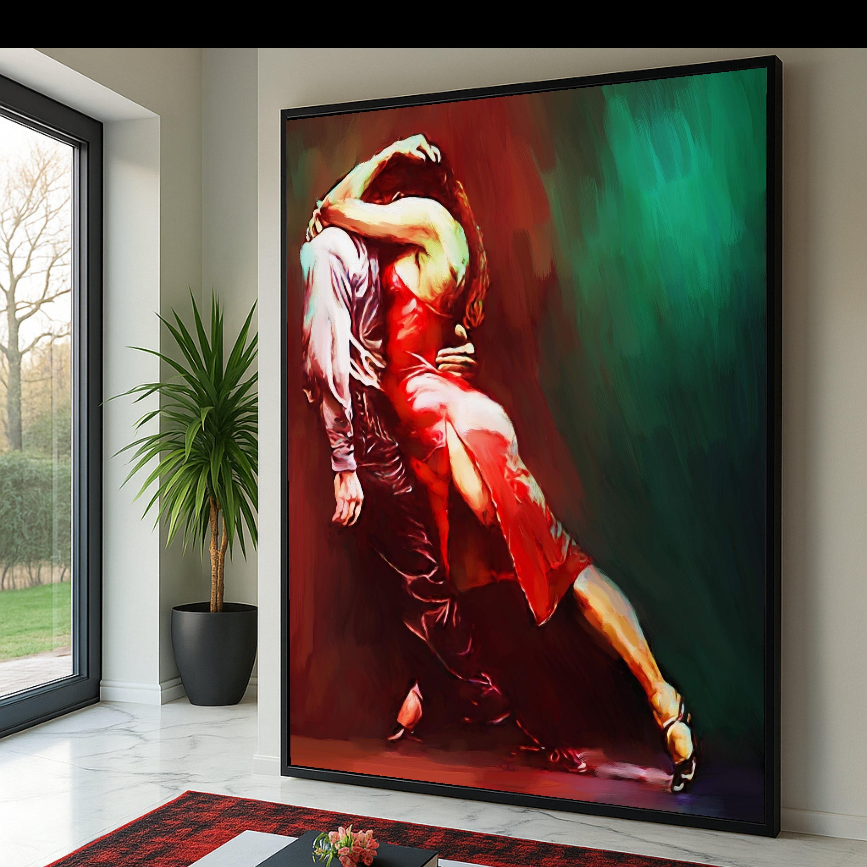 Passionate Tango Dance Couple Canvas, Romantic Ballroom Art, Red Dress ...
