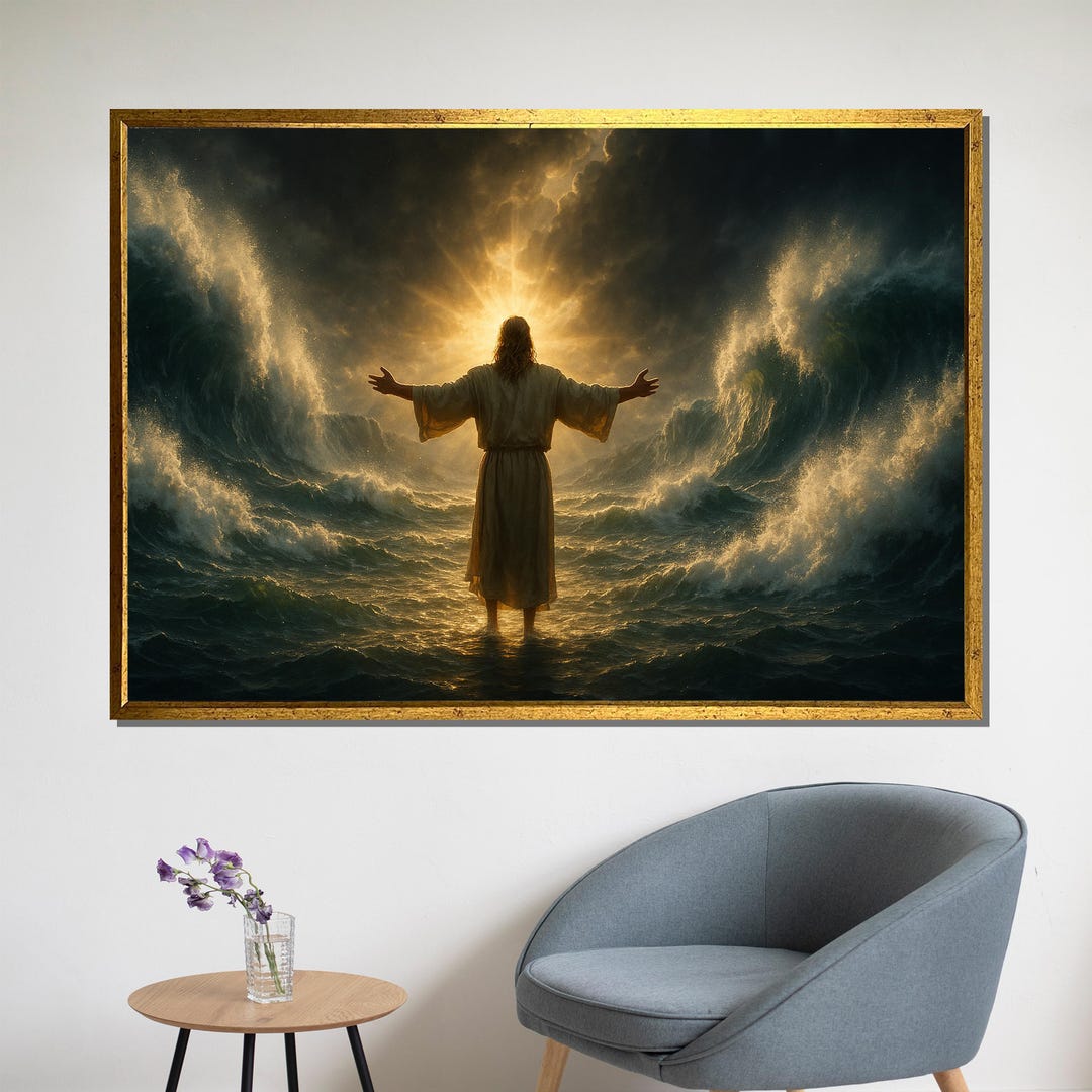 Divine Ocean Command – Zeus- Canvas of a Sacred Figure Parting Stormy ...