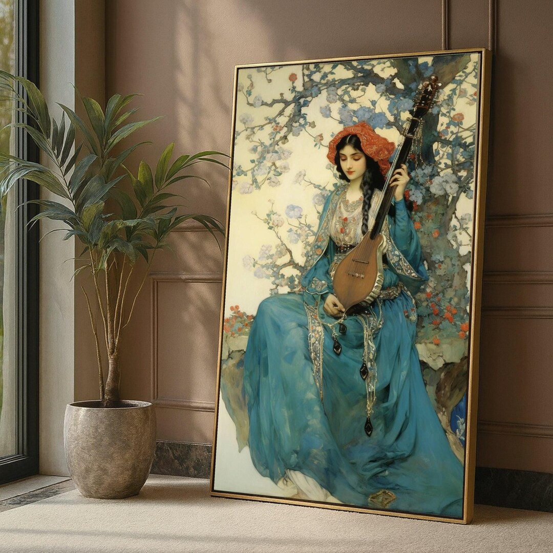 Elegant Woman With Mandolin Canvas, Vintage Floral Background ...