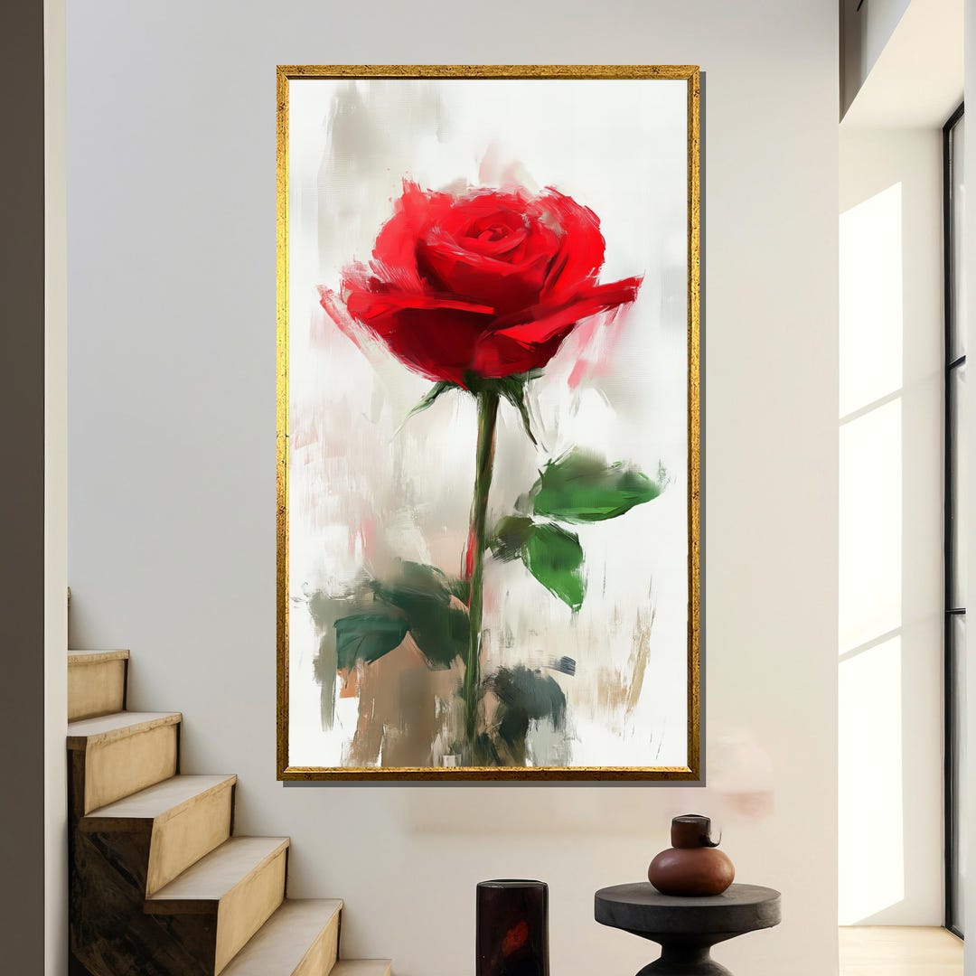 Red Rose Painting Style Wall Art - Romantic Single Stem Floral Canvas ...
