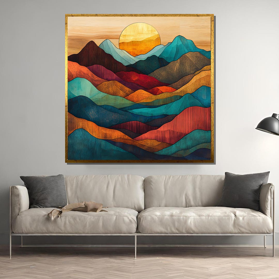 Geometric Mountainscape Art – Wood Texture Sunset, Boho Home Decor - Etsy