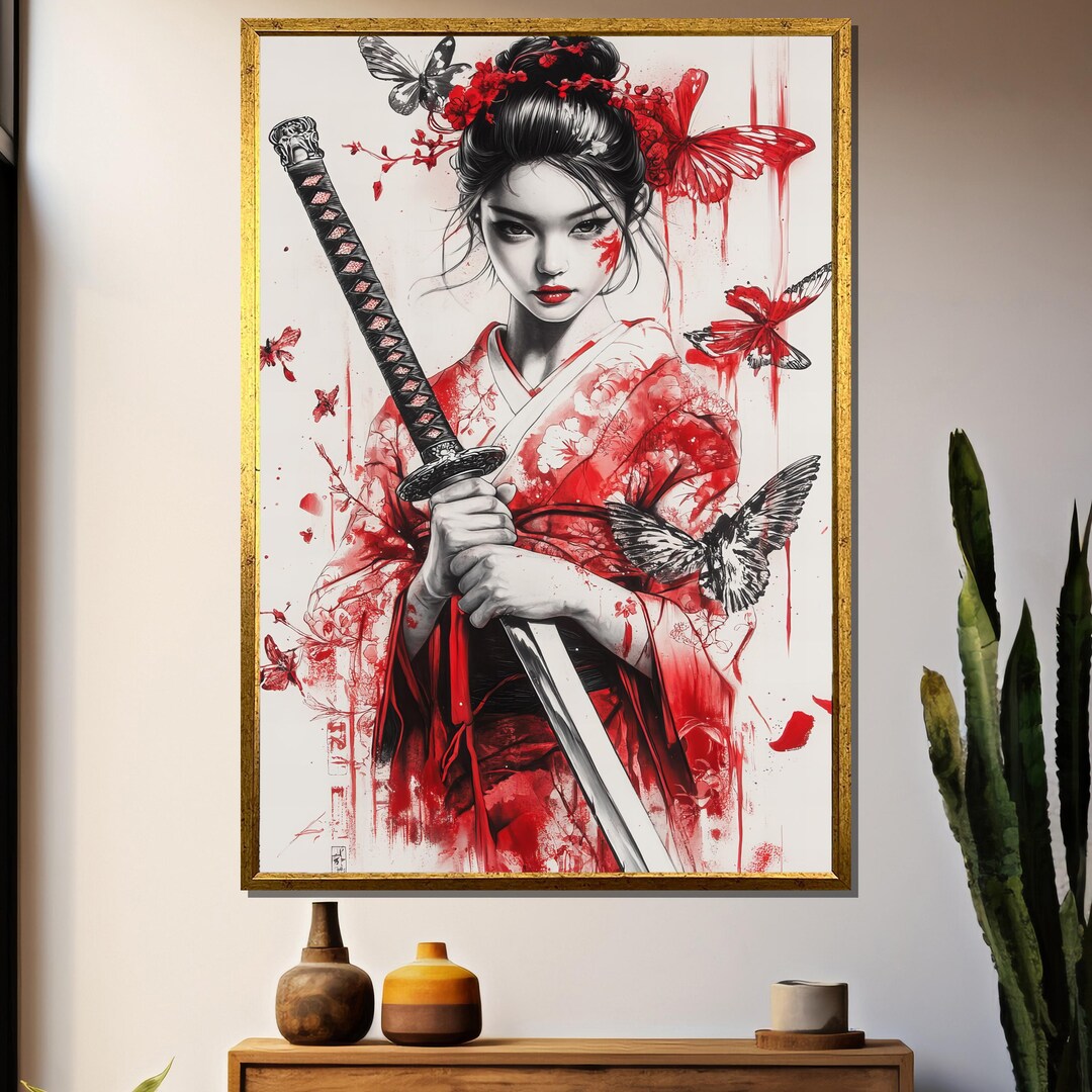 Samurai Girl Canvas Wall Art, Red Kimono Warrior Woman With Sword and ...