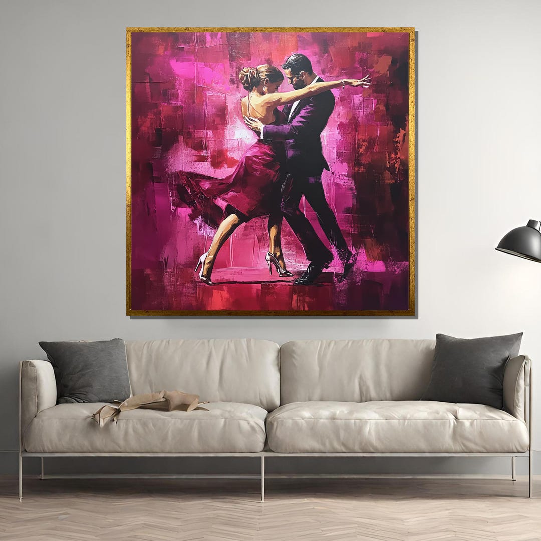 Tango Dance Canvas – Passionate Couple in Burgundy on Bold Pink ...