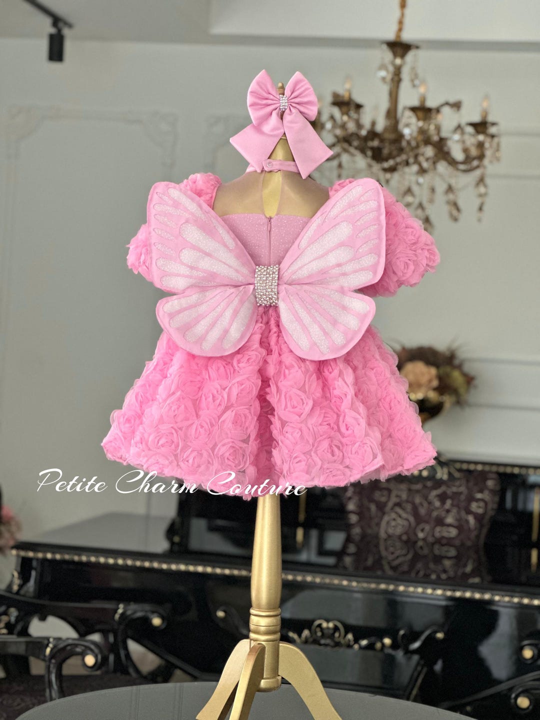 Baby Pink Ruffle Dress With Bow, Butterfly Design Baby Dress, Elegant ...