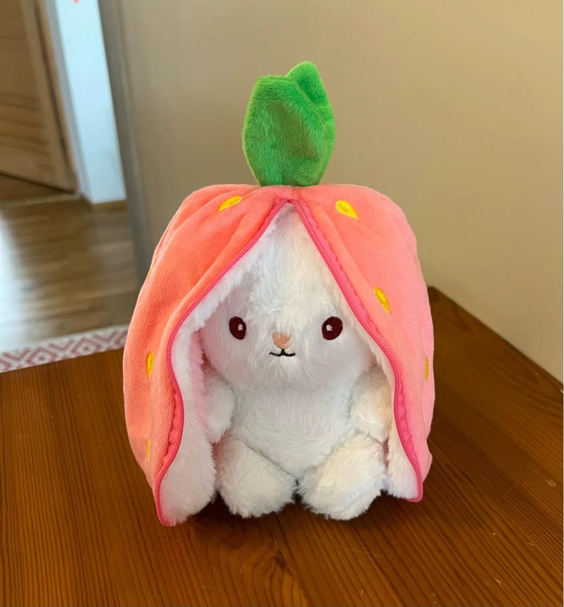 Pink Strawberry Rabbit Plush Toy Reversible With Zipper Bunny Plushie ...