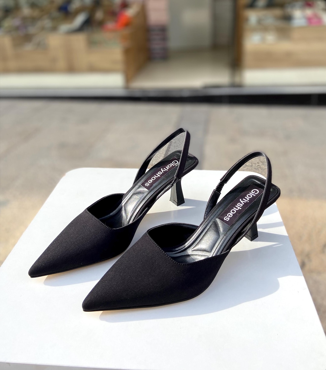Classic Black Satin Slingback Heels, Pointed Toe Low Heel Pumps ...