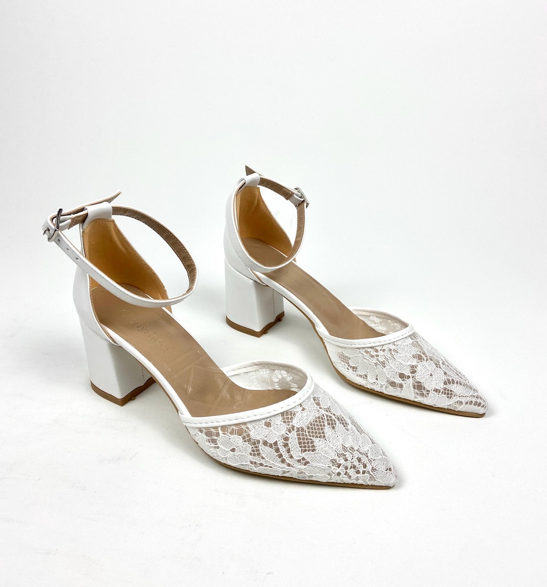White Lace Block Heels, Cross Strap Pointed Toe Bridal Shoes, Elegant ...