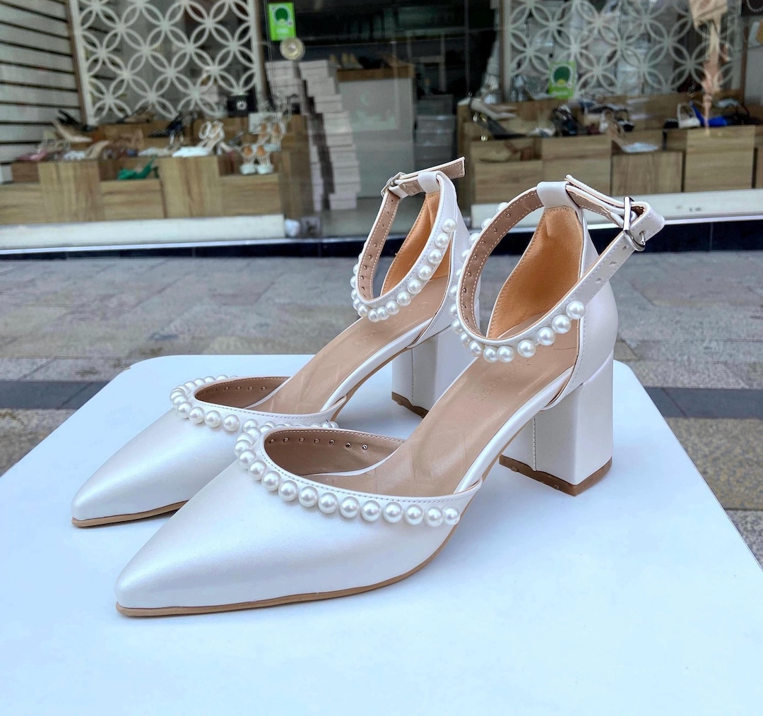 Ivory Bridal Block Heels: Pearl Wedding Shoes With Ankle Strap - Etsy