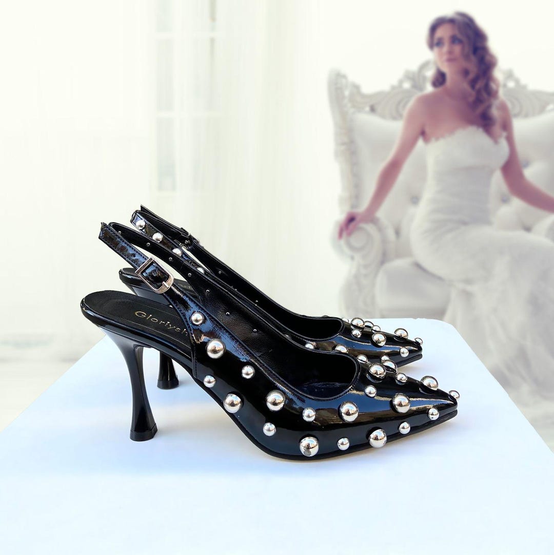 Black Patent Slingback Heels With Pearl Embellishments, Pointed Toe High Heel Pumps, Glamorous ...