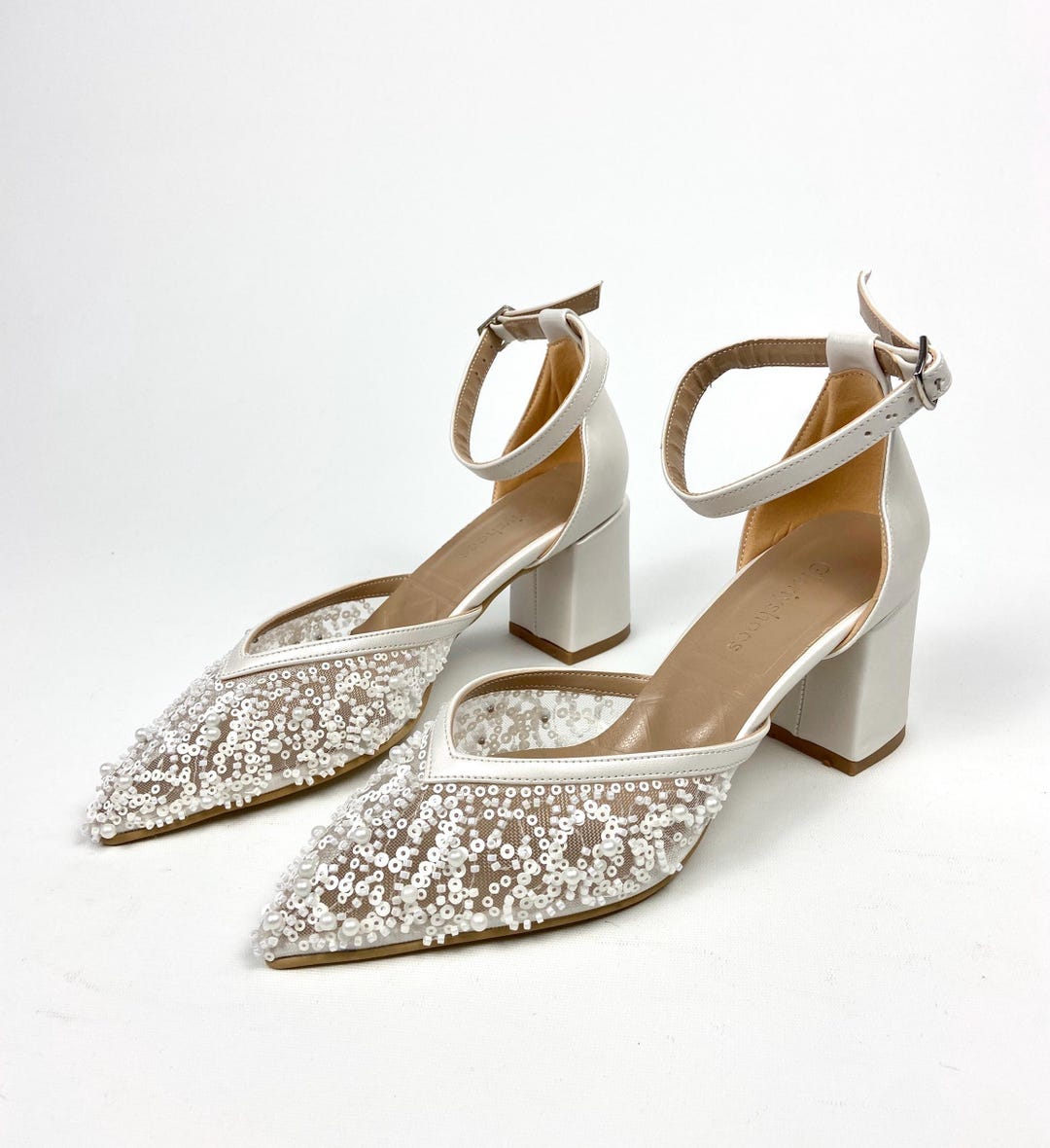 İvory Block Heels With Rhinestone Ankle Strap, Pointed Toe Bridal Shoes ...
