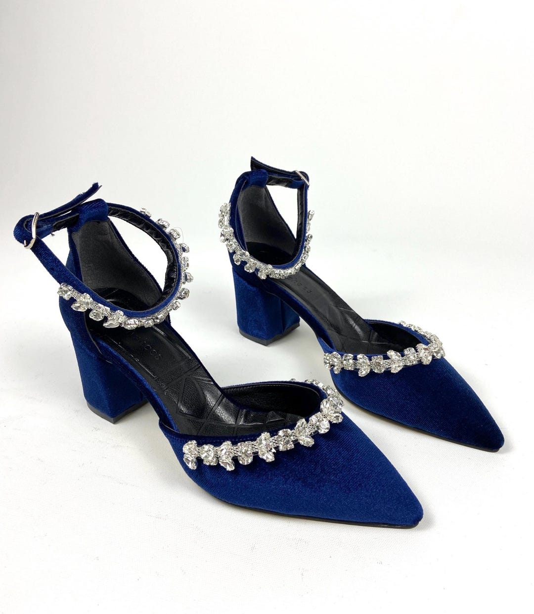 Navy Blue Velvet Block Heels With Rhinestone Straps, Pointed Toe Ankle ...