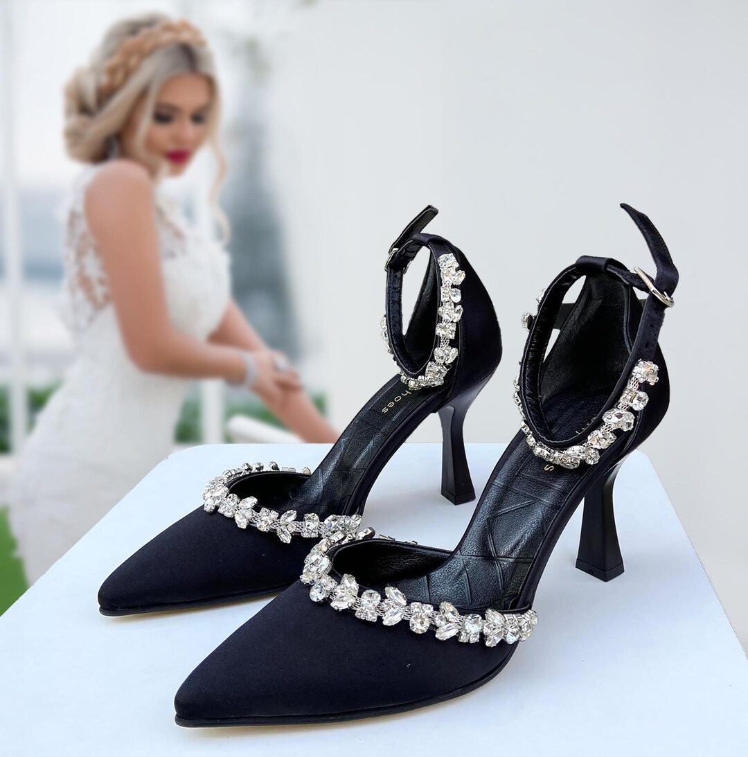 Black Elegant Satin Bridal Shoes With Rhinestone Ankle Strap, Pointed ...