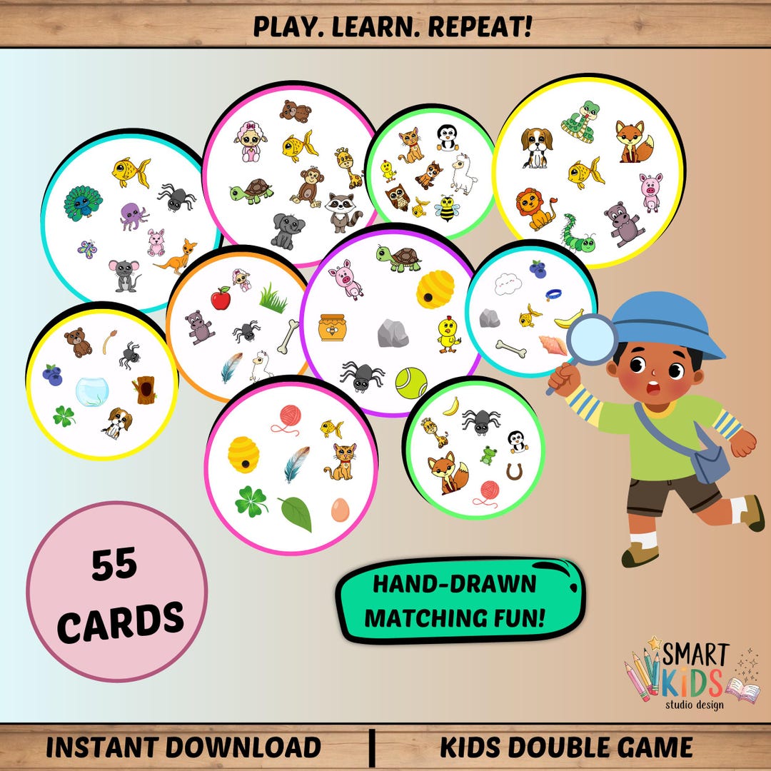 Animal Dobble Game Printable: Hand-drawn Matching Game (PDF Download A4 ...