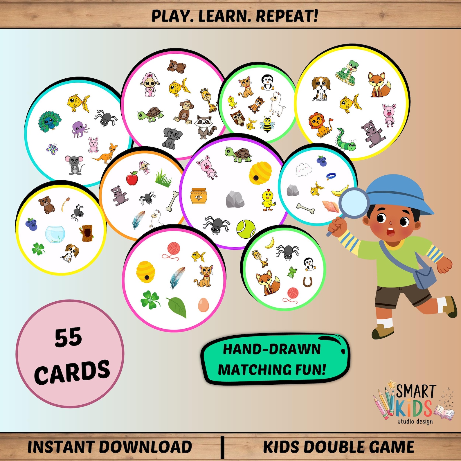 Animal Dobble Game Printable: Hand-drawn Matching Game (PDF Download A4 ...