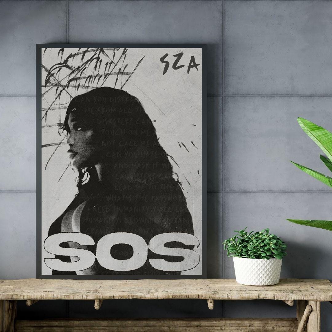 SOS SZA Portrait Poster Black White Wall Art Digital Artwork Music ...
