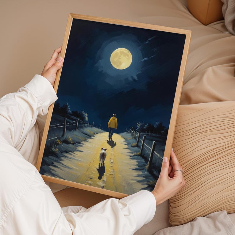 Full Moon Night Walk Wall Art, Man and Dog Under Moonlight Print ...