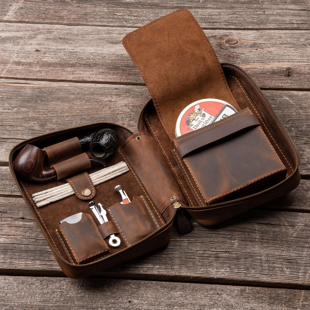 Leather Pipe Bag – Brown Pipe Case for Tobacco and Accessories, Travel ...