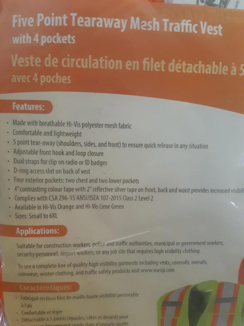 WASIP Hi-vis Five Point Tearaway Mesh Traffic Vest - Orange, XL - Etsy