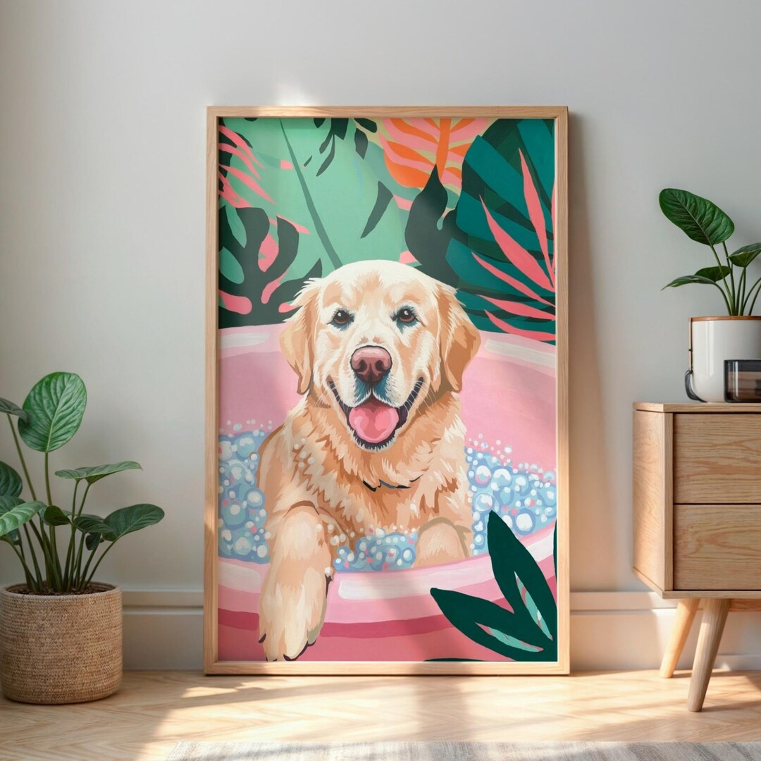 Golden Retriever Art Print, Tropical Dog Wall Art, Cute Pet Printable ...