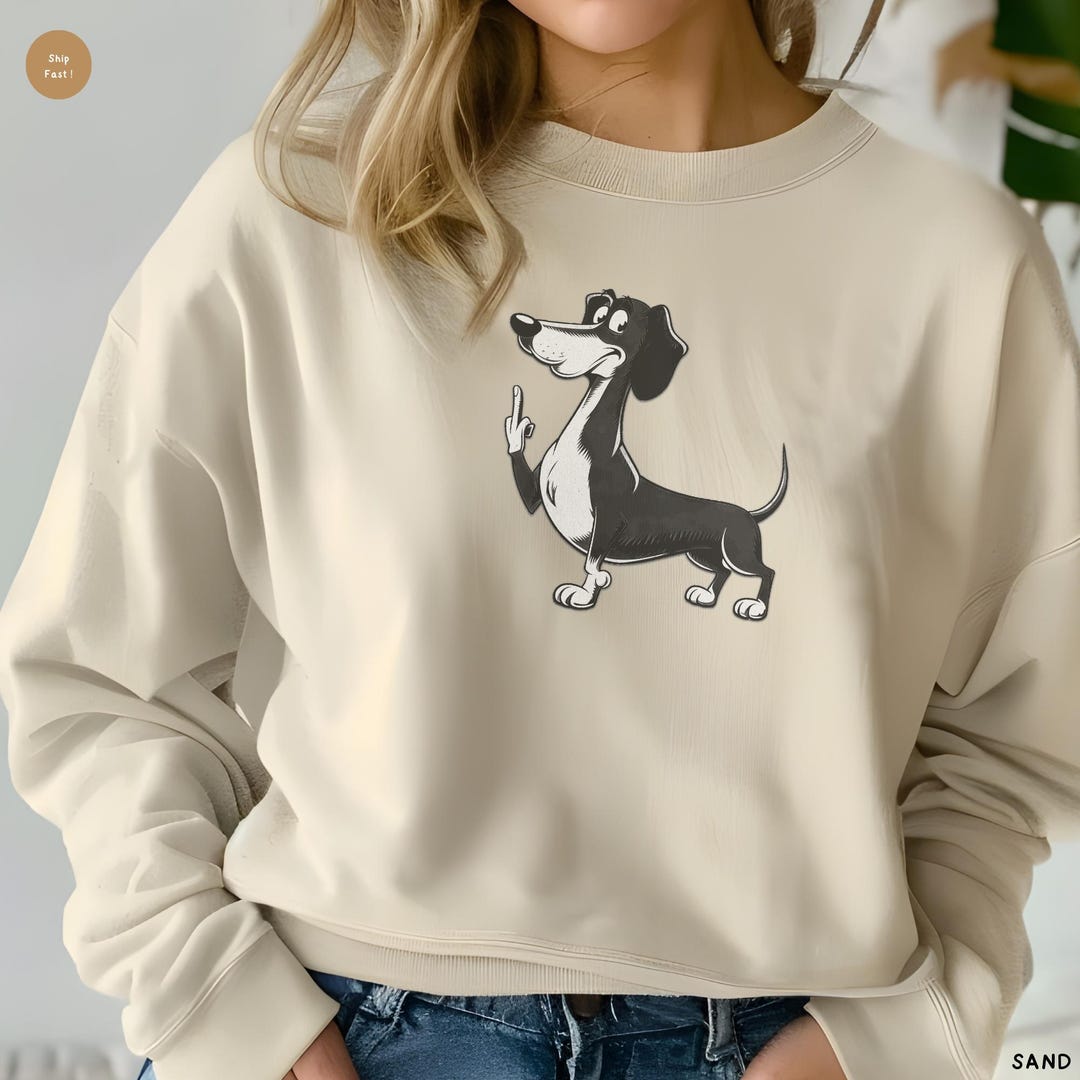 Funny Cartoon Dachshund Black Dog Vintage Sweatshirt, Showing Middle ...