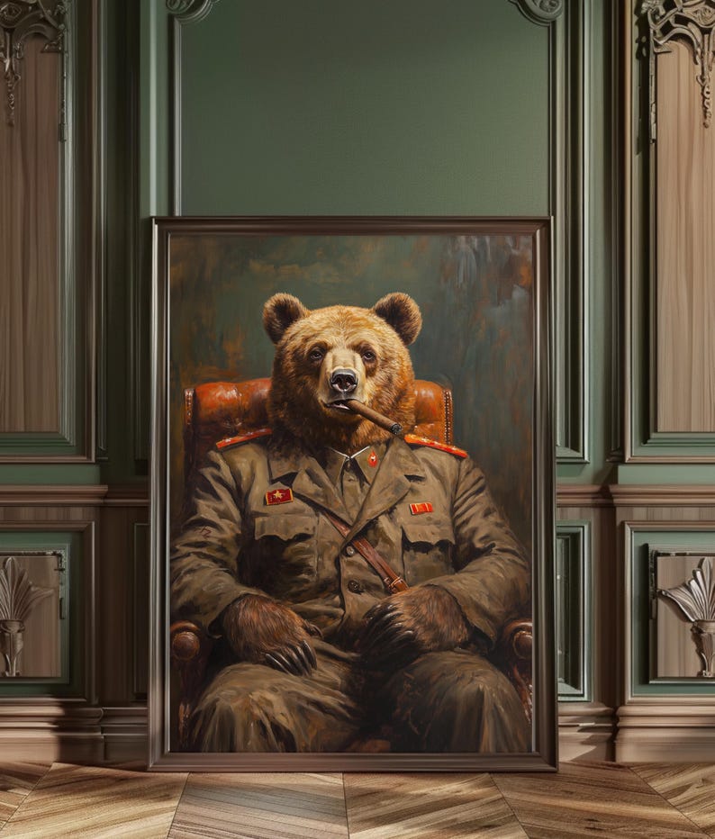 Bear in Suit Smoke Cigar Brown Bear Comrade WW2 & WW1 Painting Bear ...