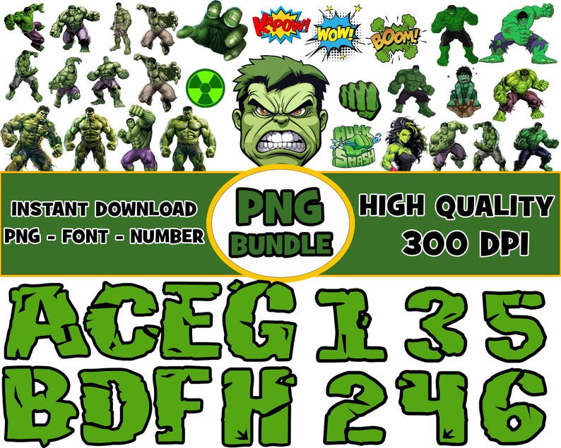 Instant Download Hulk PNG Bundle , Hulk Font, Hulk Alphabet and Number ...