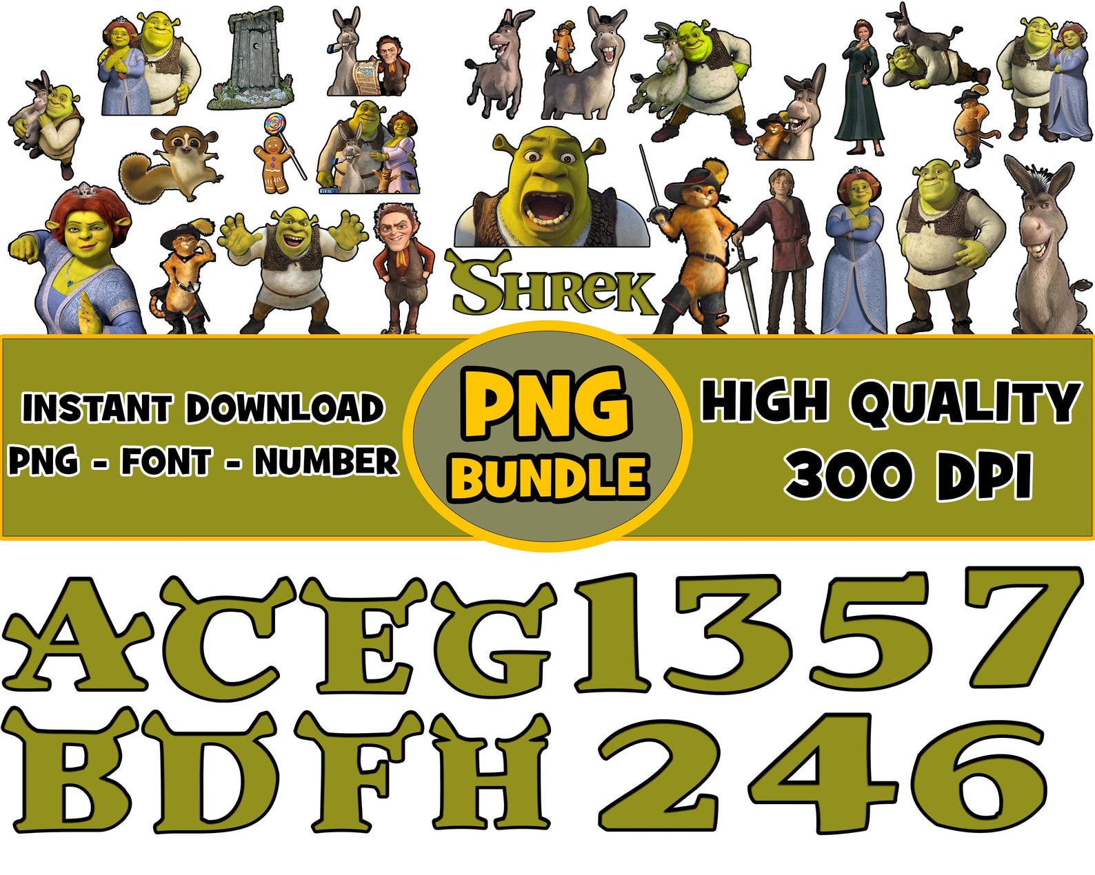 Shrek PNG Bundle: Font, Alphabet & Numbers (digital Download, Personal ...