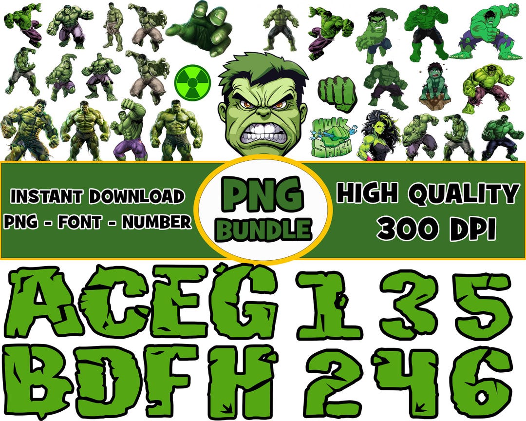 Instant Download Hulk PNG Bundle , Hulk Font, Hulk Alphabet and Number ...