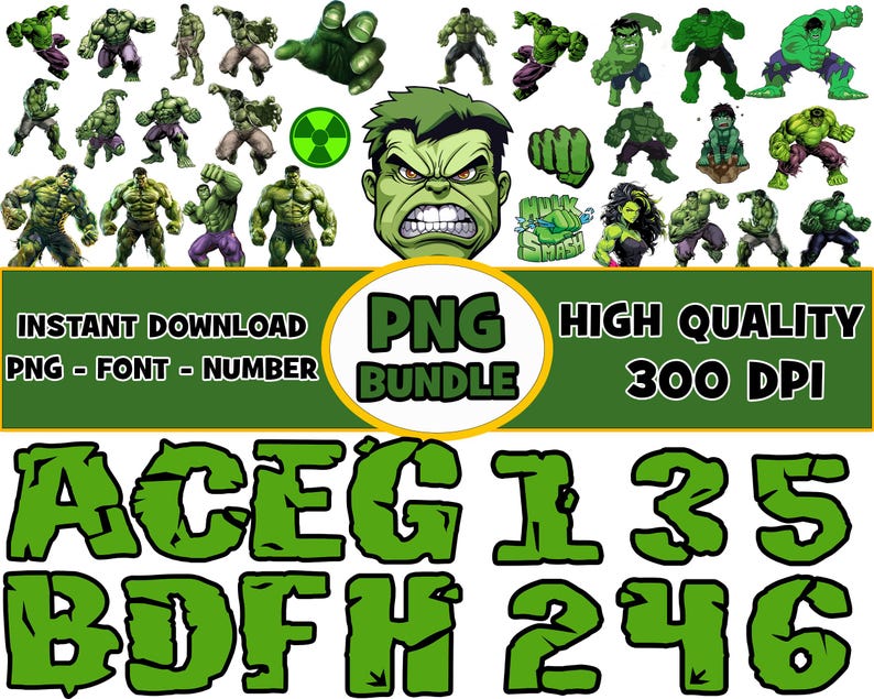 Hulk PNG Bundle: Font, Alphabet & Numbers (digital Download, Personal ...