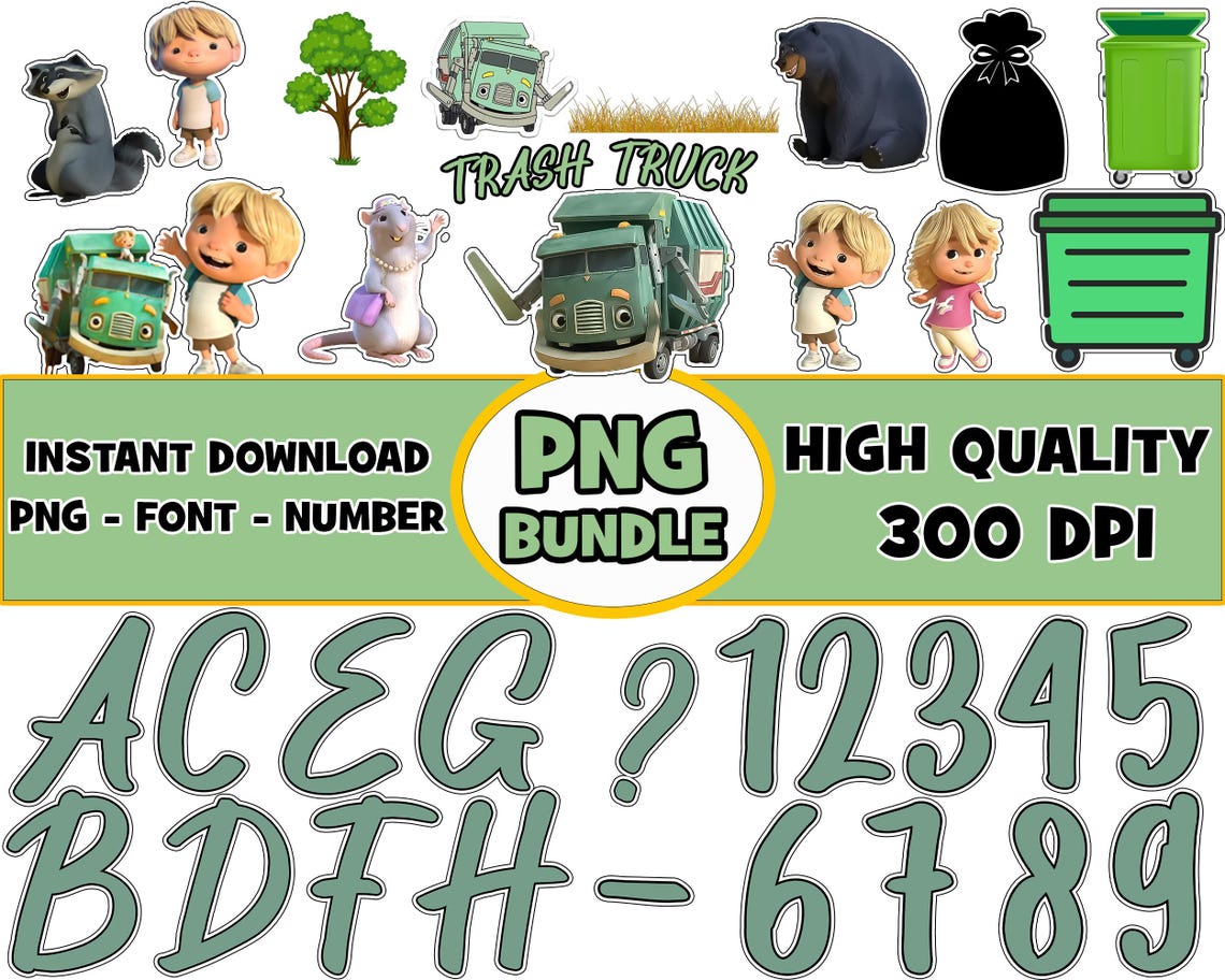 Trash Truck PNG Bundle: Font, Alphabet, Numbers (digital Download ...