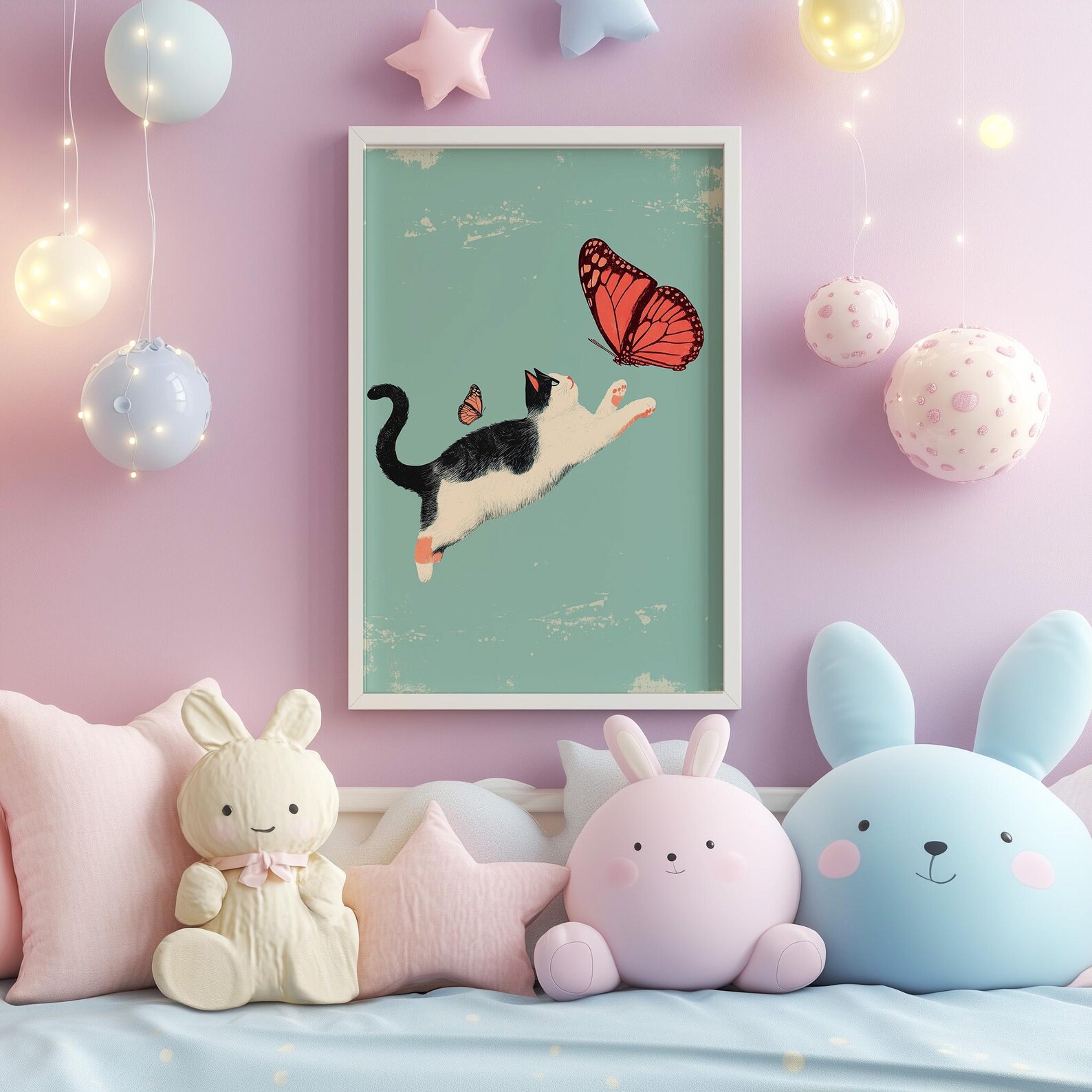 Cute Cat Chasing Butterfly Nursery Wall Art | Cat Lover Nursery Decor ...