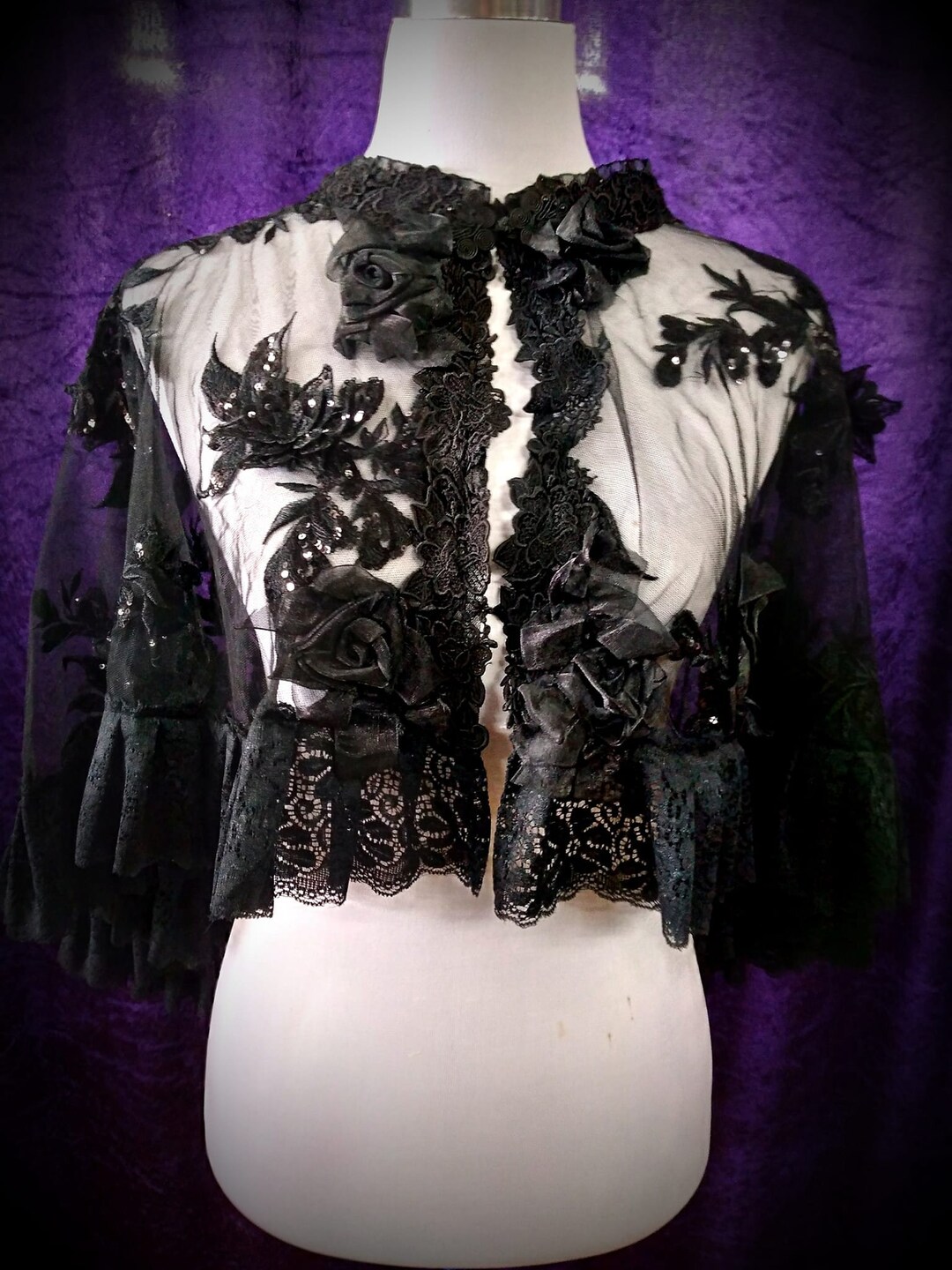 Victorian Gothic Gypsy Fairy Bohemian Black Heavily Beaded 3D Flowers ...