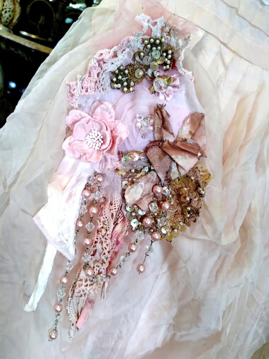 Large Shabby Chic Boho Bohemian Raggy Vintage Antique Textiles Brooch ...