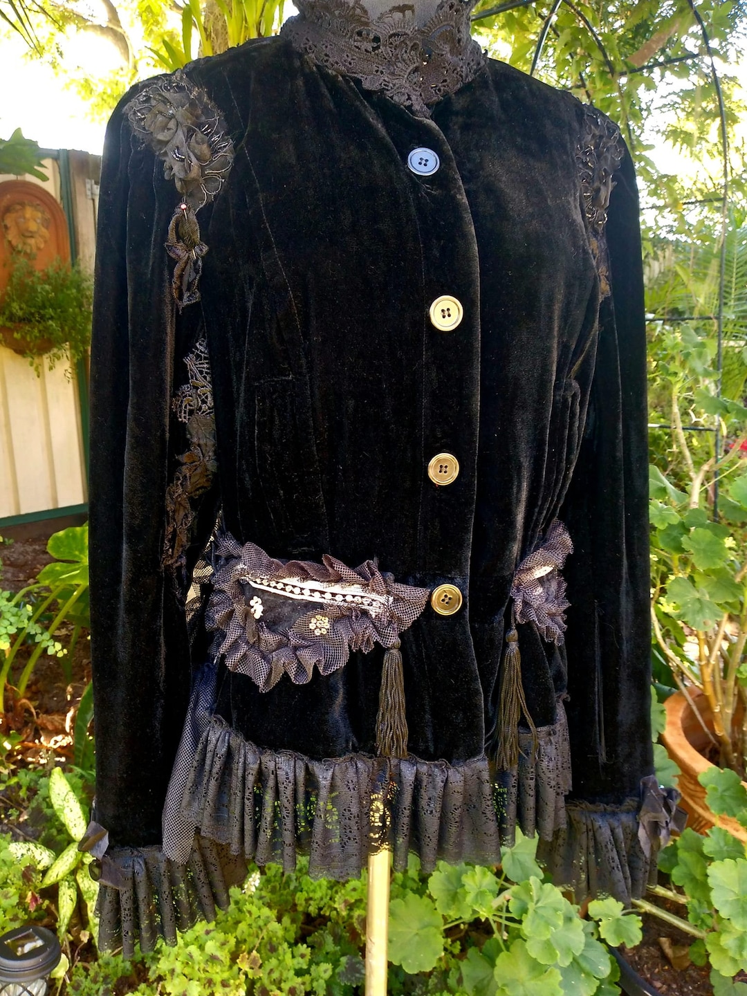 Jet Black SILK Velvet Shabby Chic Jacket Coat With Antique 3D ...