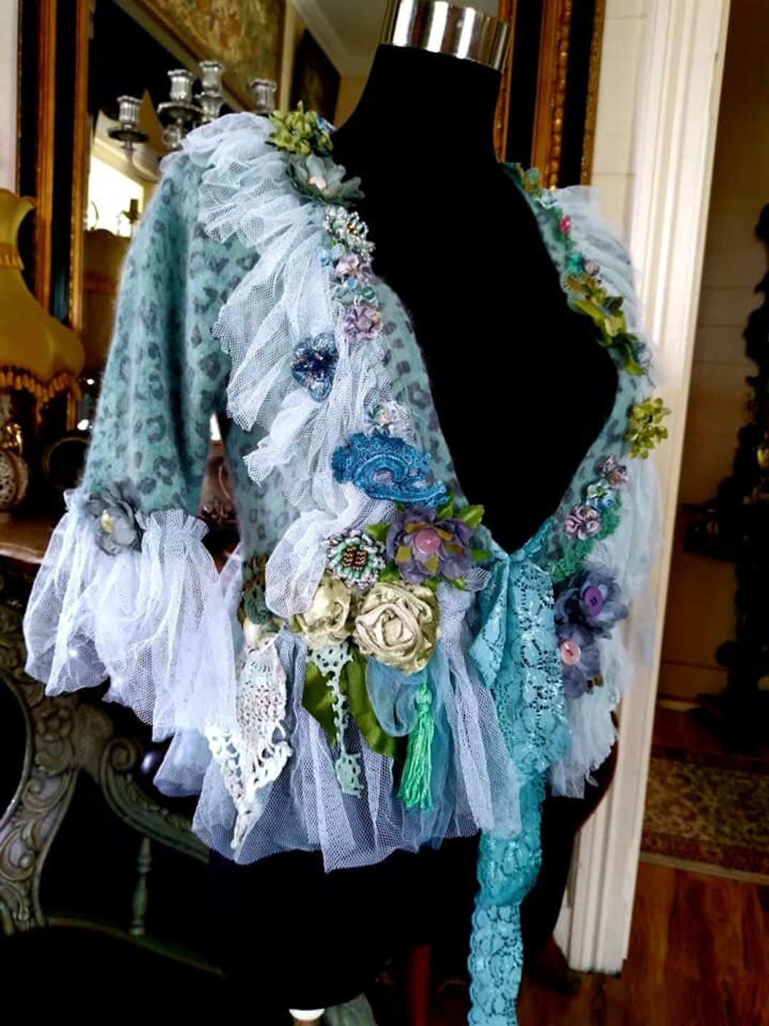 STUNNING Green Angora Wool Leopard Cardigan Victorian Shabby Chic ...