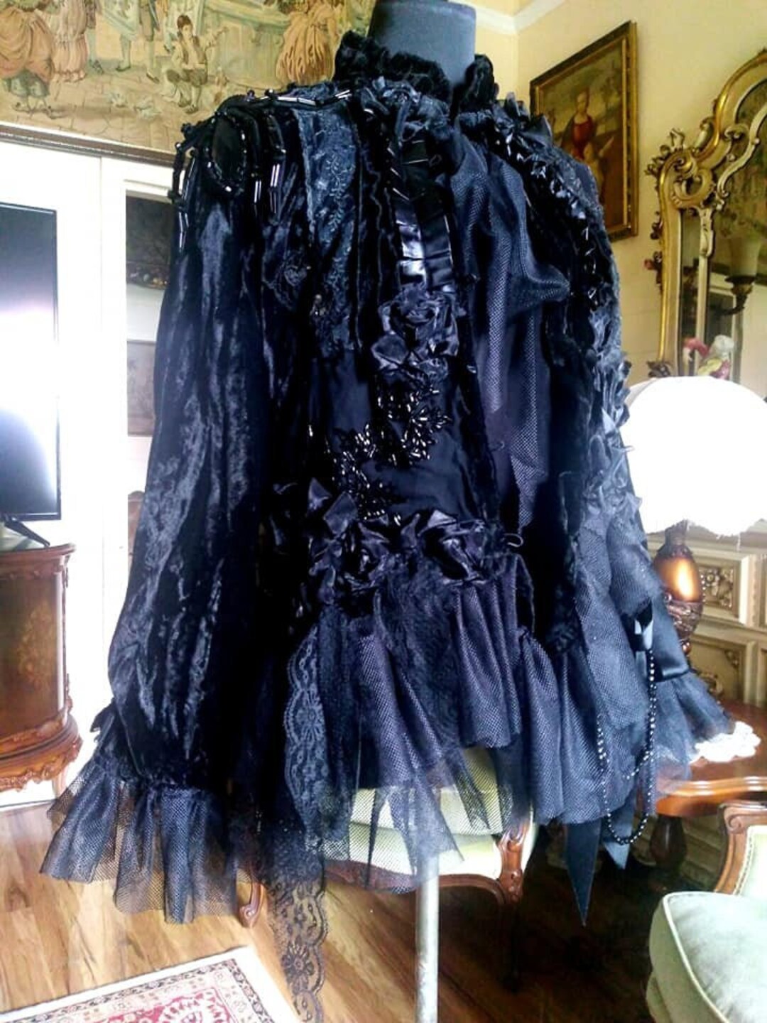 Jet Black Crushed Velvet Jacket Coat With Jeweled Spider Bridal ...