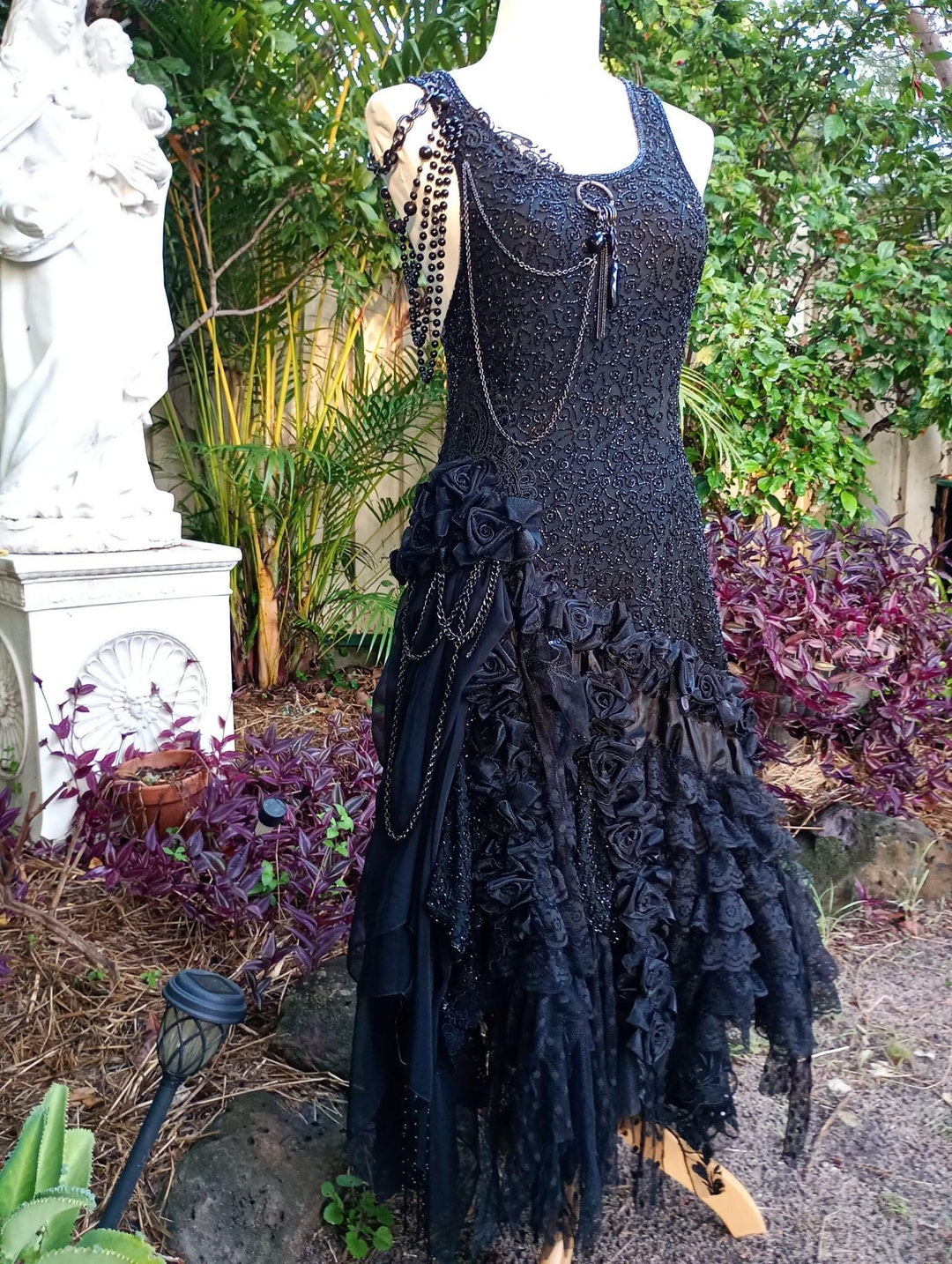 One of A Kind Heavily Beaded Silk Gothic Goth Gown Dress Wedding Bridal ...